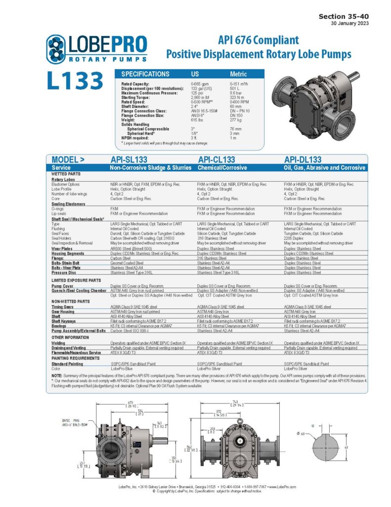 API Pump Specification Sheets – LobePro